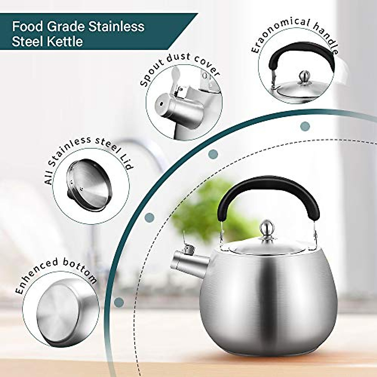 Heavy Duty Tea Kettle Stovetop Whistling Teakettle Teapot,seamless bottom, Stainless Steel 304, Brushed finish (4L)