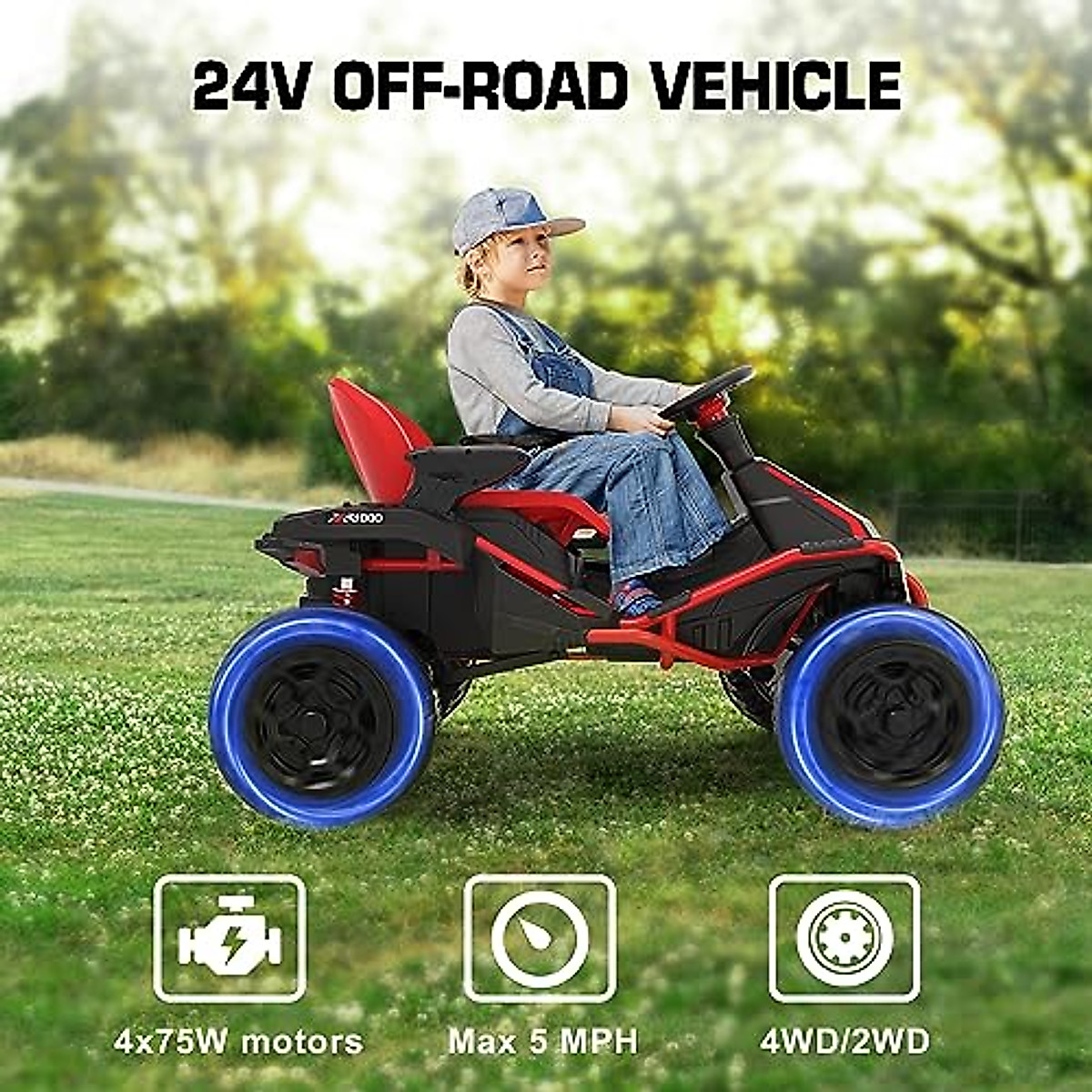 ANPABO 24V 4x4 Ride On Toy for Big Kids, 4x75W 4.5MPH Ride On Car w/Parent Remote, Wide Adjustable Seat, Headlights, Metal Frame, 4 Shock Absorbers, 4 Wheeler Quad for Kids 3-12, Red