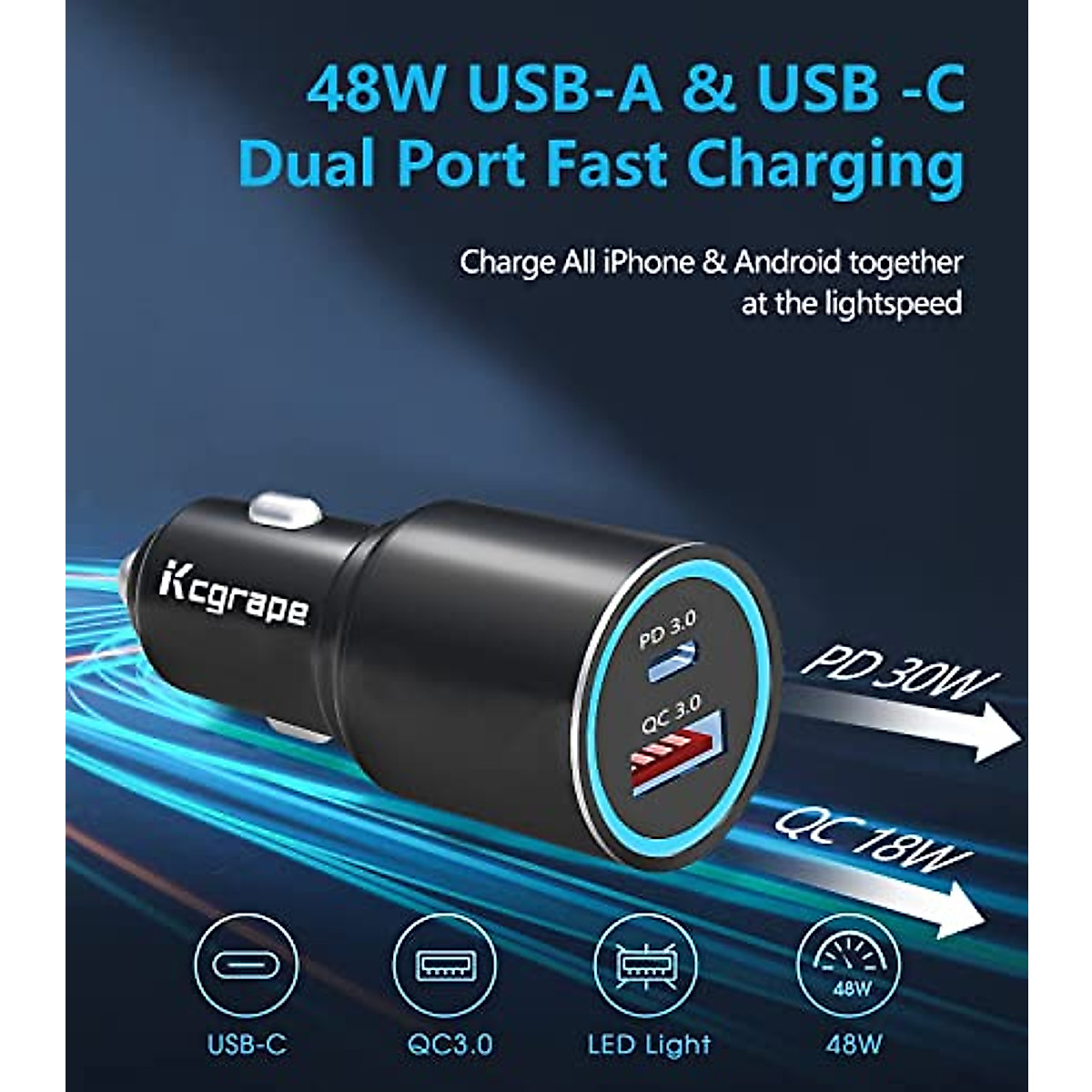 48W USB C Car Charger for iPhone 12 14 13 Pro Max,PD 30W&Quick Charge 3.0 Fast Cigarette Lighter Car Charger Adapter with Cable for Samsung Galaxy A52 A51 A71 A53 A13 5G/A32 A42 A12,Pixel 6 5A 4A XL