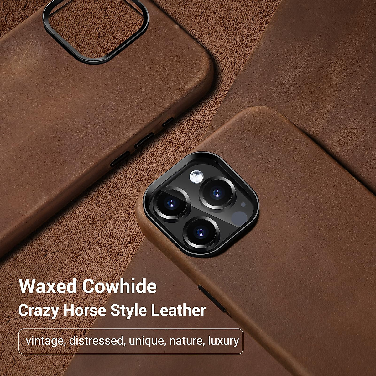 Belemay Compatible with iPhone 15 Pro Max Leather Case Magsafe-Top Grain Vintage Crazy Horse Leather-Metal Buttons Camera Bezel-Slim Fit-Precision Crafted Premium Phone Cover (6.7-inch)-Retro Brown