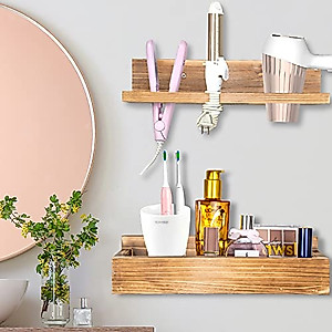 Hair Tool Organizer Wall Mounted - Wooden Hair Dryer Holder, Rustic Blow Dryer Holder for Curling Iron, Hot Tools, Hair Straighteners, Set of 2 Bathroom Vanity Tray for Makeup,Toiletries, Brown