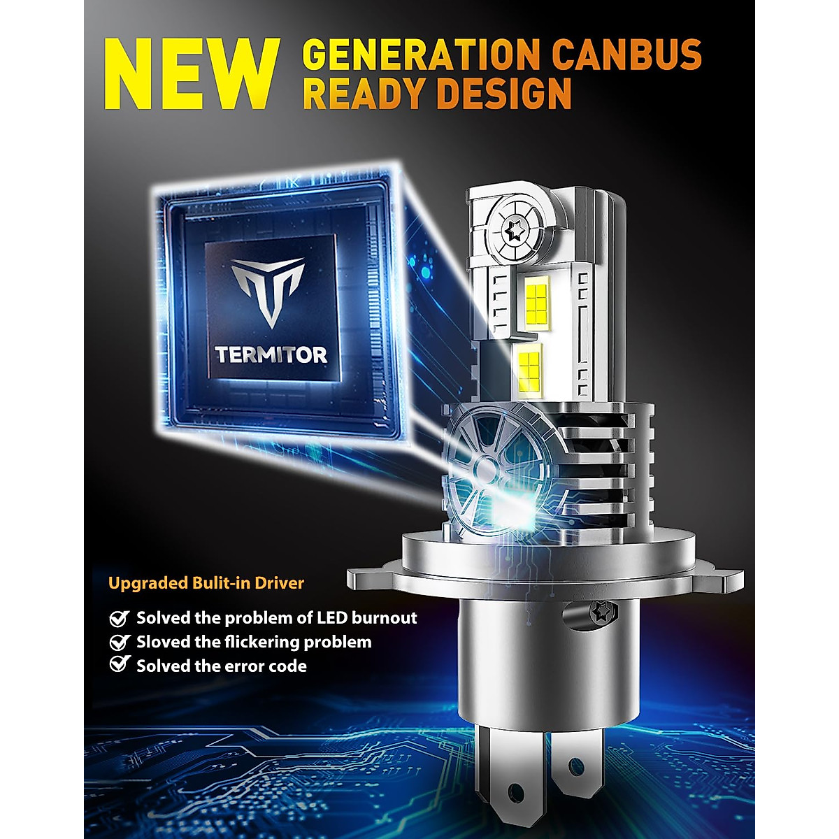 Termitor H4/9003/HB2 LED Bulbs Hi/Low Beam, 30000LM 800% Super Brighter, 1:1 Halogen Size, 6500K Cool White, 60000Hrs Long Service Life with Cooling Fan, Plug and Play, Pack of 2