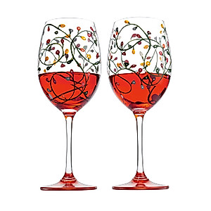 Birthday Holiday Themed Lights Stemmed Wine & Water Glasses - Artisanal Hand Painted Ornament Light Bulbs Glasses - Bday - Set of 2, 17.5oz - Festive Theme New Years Stemless Glass