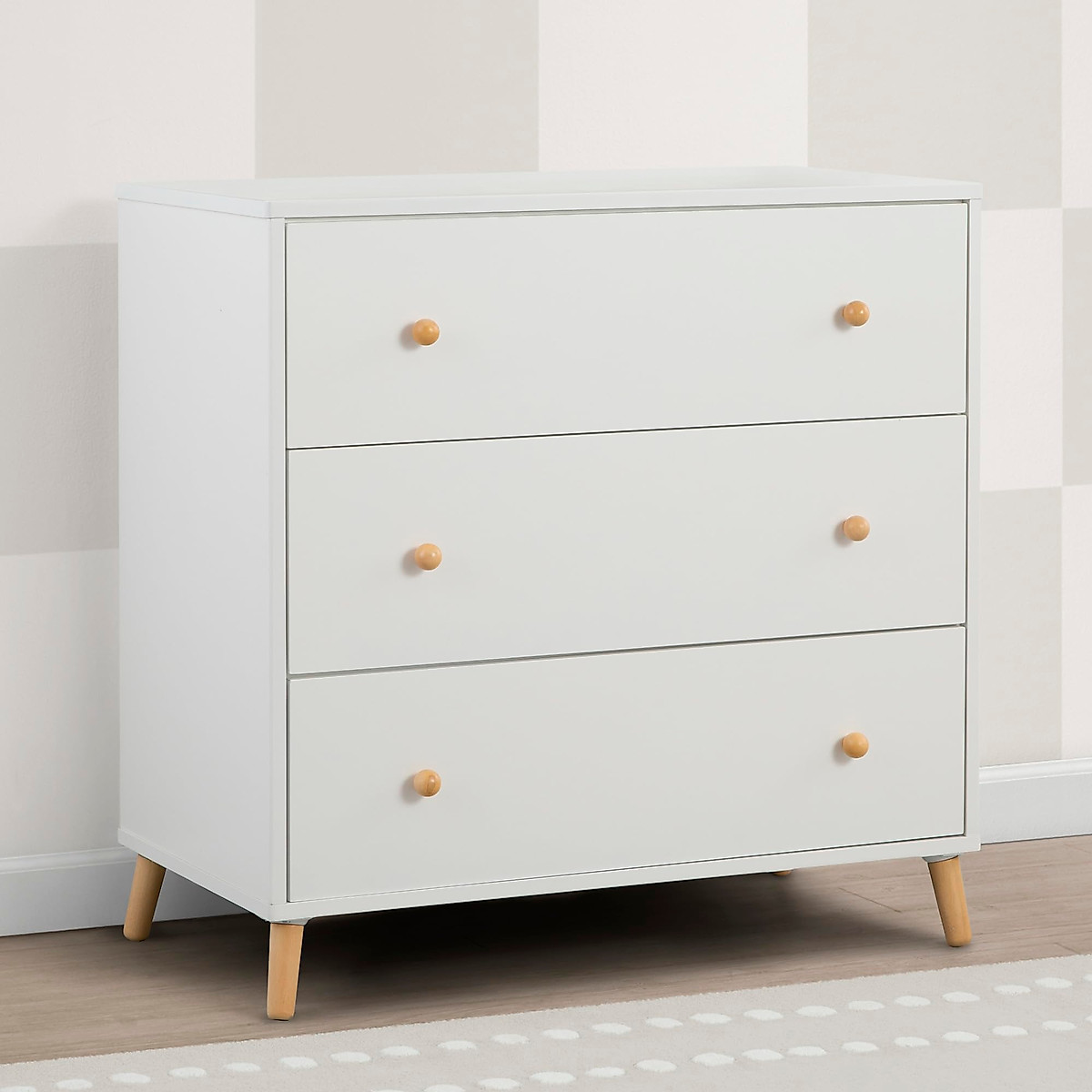 Delta Children Essex 3 Drawer Dresser with Interlocking Drawers, Bianca White/Natural