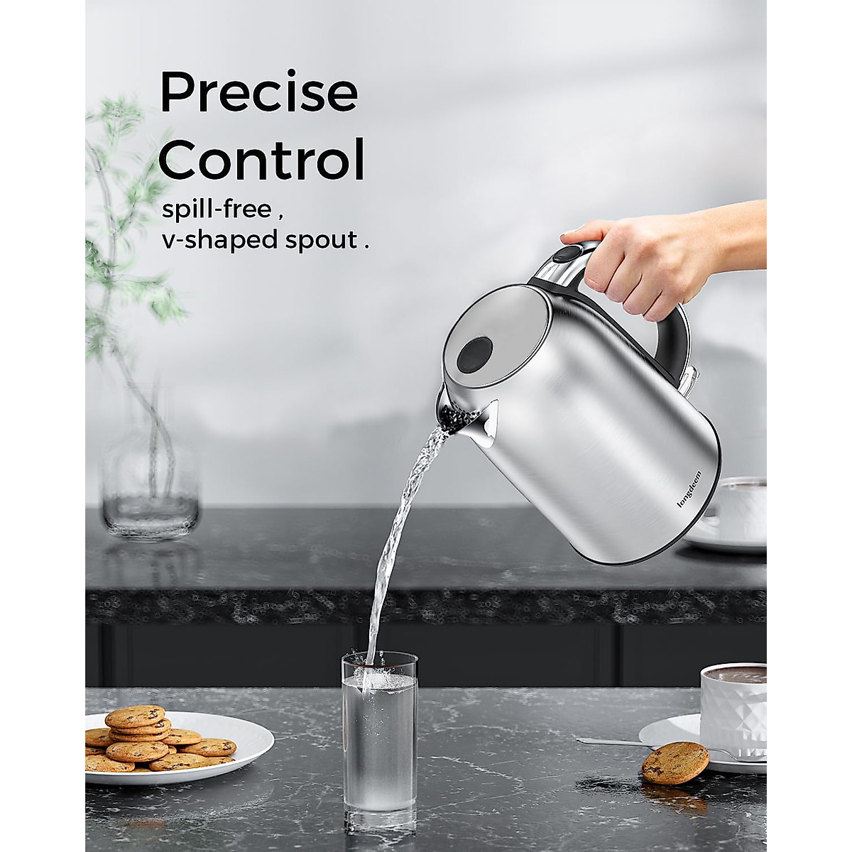 Longdeem Fast-Boil Electric Tea Kettle, 1.7L Stainless-Steel Water Heater, 1500W, Cordless Design with LED, Auto-Shutoff & Anti-Dry Protection, Silver