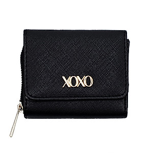 XOXO Women’s Wallet Mini Black Saffiano Zip Around Graffiti Print Indexer With Chain Crossbody Strap