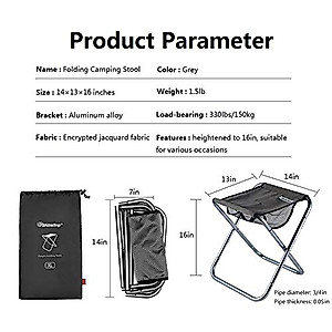 LFSEMINI Camping Stool, 16in Tall Large Size Folding Stool with Carry Bag, Aluminum Alloy Bracket, 1.5lbs Lightweight, Load Capacity to 300lbs, for Travel, Hiking, BBQ, Fishing, Beach(Grey)