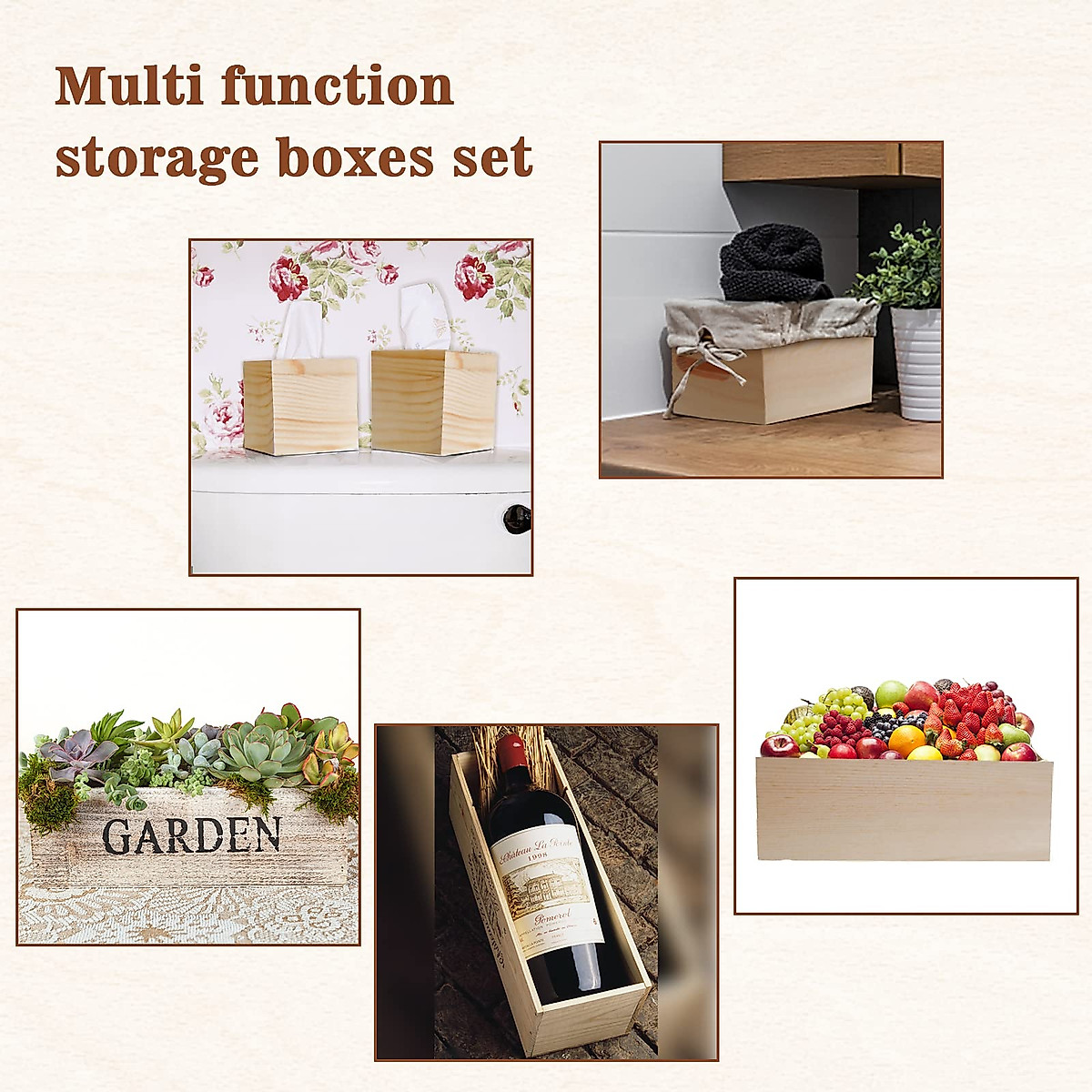 Aweyka 6 Packs Unfinished Wood Box in 5 Sizes Rustic Handles Wooden Box Storage Organizer Container Craft Box Nesting Treasure Boxes for Crafts Home Table Decoration