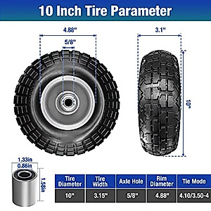 BAIVE BW 10" Flat Free Tires Solid Pneumatic Tires Wheels, 4.10/3.50-4 Tire with 5/8 Ball Bearings, for Wheelbarrow/Garden Wagon Carts/Trolley Dolly//Hand Truck/Sack Trolley, 4 Pack