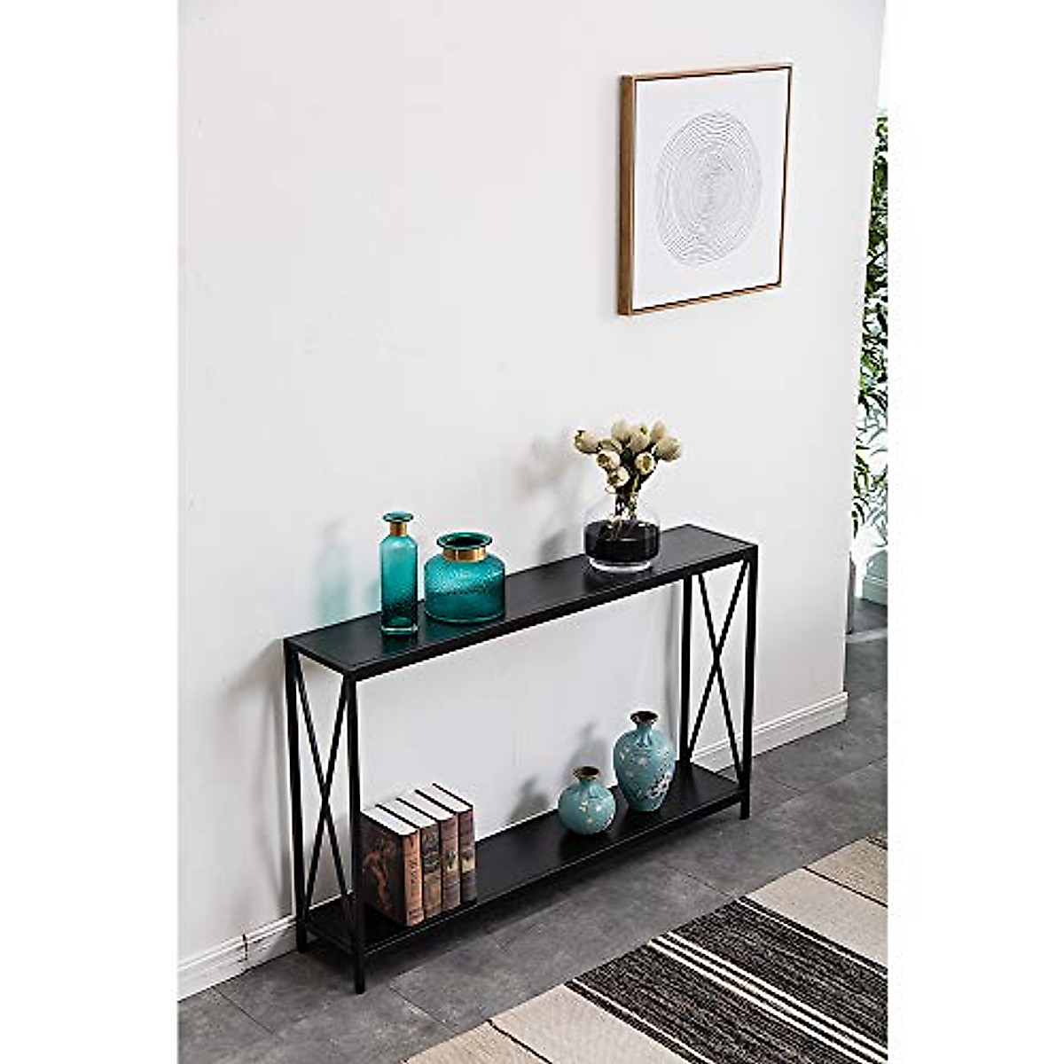 Volowoo Industrial Console Table, 3-Tier Entryway Table, Hallway Table, Narrow Sofa Table with Shelves, Entrance Table for Entryway, Living Room, Foyer, Hallway, Office, (Black)