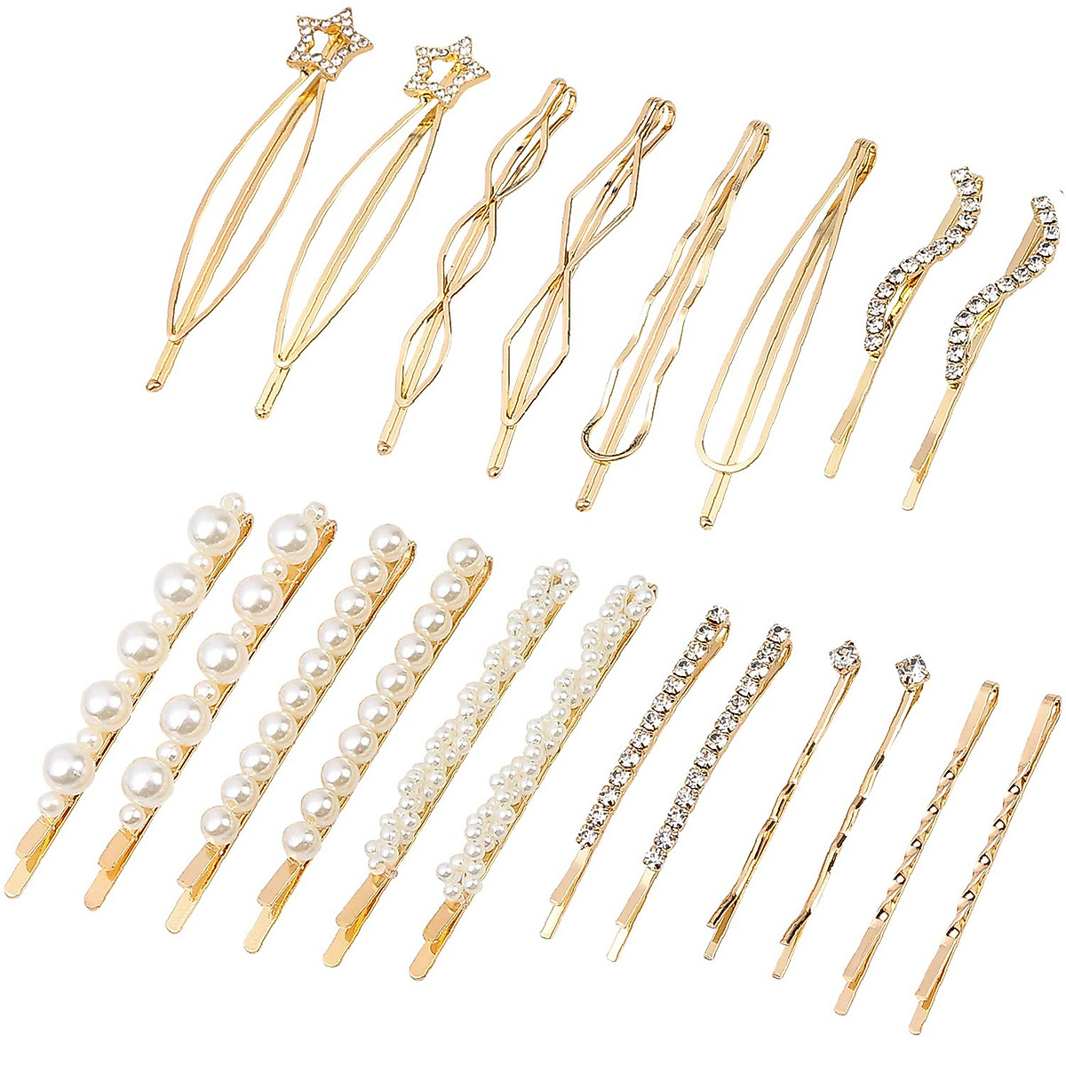 Folansy 20 Pieces Elegant Hair Barrettes Bridal Golden Metal Hair Clip Artificial Pearl Hair Pins and Clear Rhinestone Bobby Pin for Weddings Hair Accessories