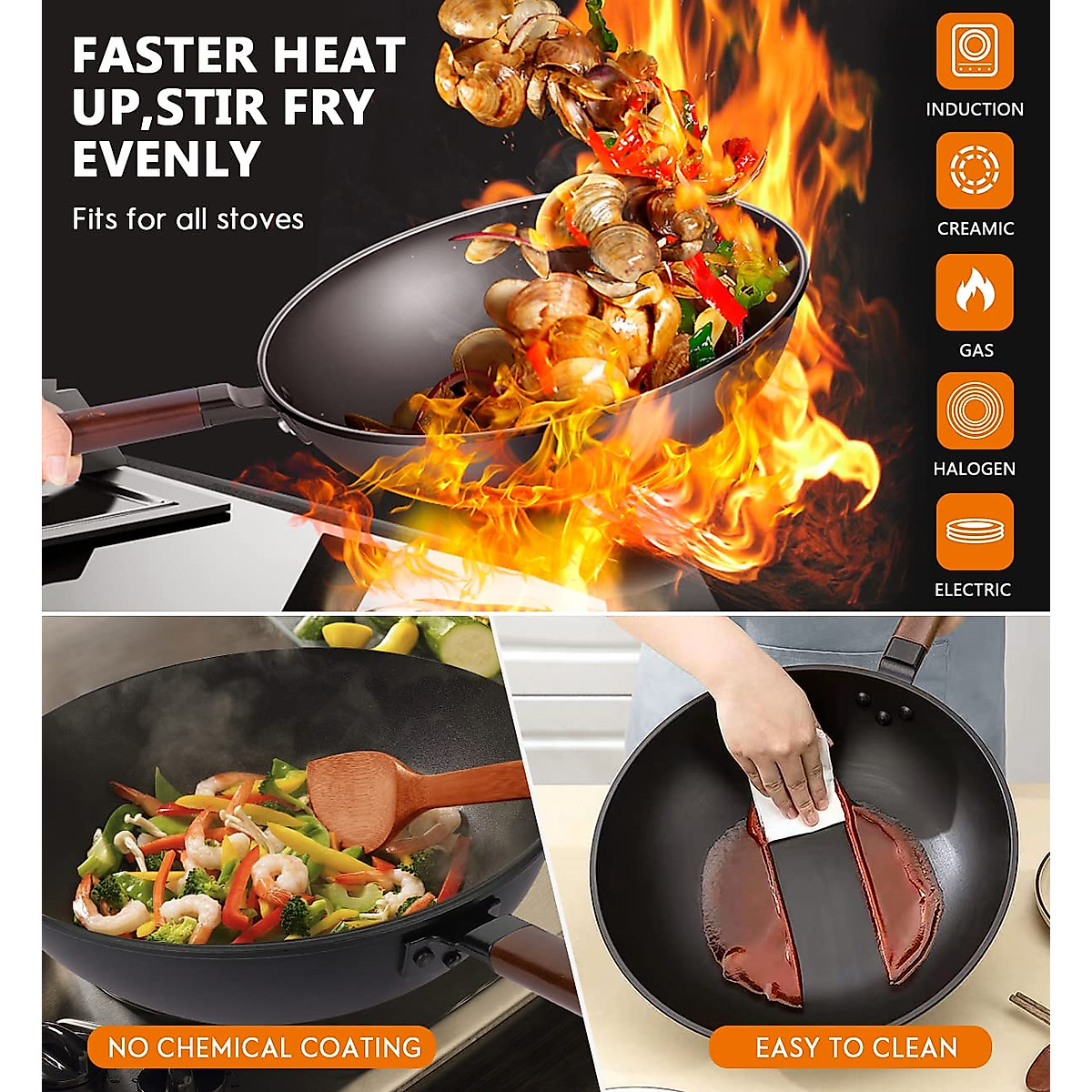 XIHEIMA 13 Inch Carbon Steel Wok Pan with Lid and Spatula,Wooden Cookwares Nonstick Woks ＆ Stir-Fry Pans,No Chemical Coated Flat Bottom Chinese Wok for Induction, Electric, Gas, Halogen, All Stoves