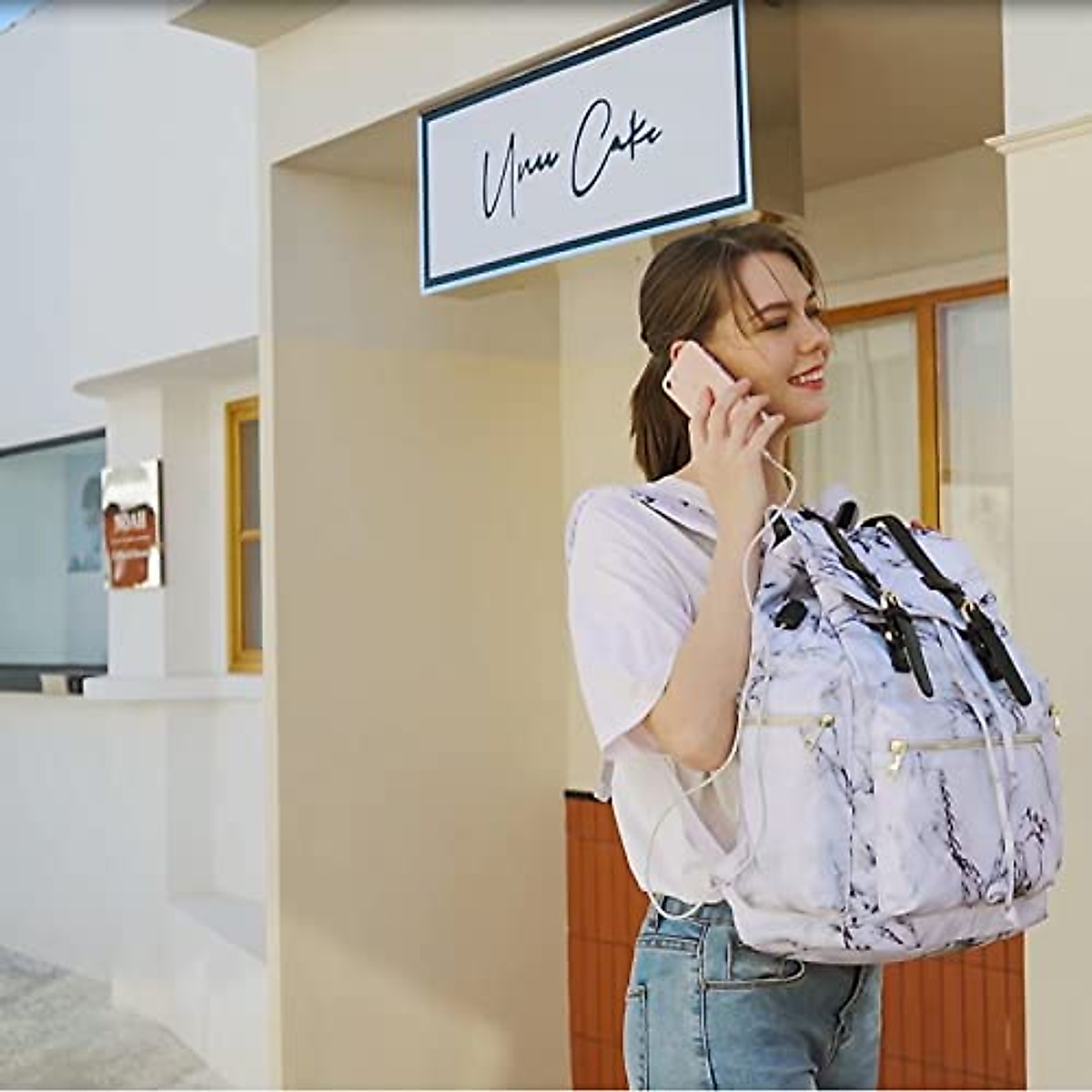 Bluboon Girls School Backpack Women College Bookbag Lady Travel Rucksack 15.6Inch Laptop Bag with Charge Port (A-Marble)