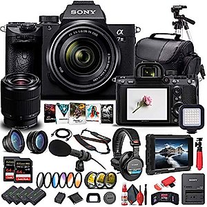 Sony Alpha a7 III Mirrorless Digital Camera with 28-70mm Lens (ILCE7M3K/B) + 4K Monitor + Headphones + Pro Mic + 2 x 64GB Memory Card + 3 x NP-FZ-100 Battery + Corel Photo Software + More (Renewed)