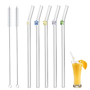 Glass Straws,5PCS Flower Glass Straws Shatter Resistant with 2 Cleaning Brushes,Reusable Glass Drinking Straws for Smoothies Coffee Milkshakes Juice