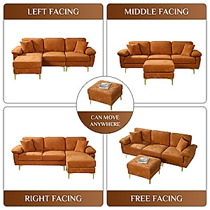 Wrofly L Shaped Sectional Sofa Couch, 88.5" Comfy Upholstered Velvet 3 Seat Sofa Set with Convertible Ottoman & 2 Pillows, Modern Deep Seat Cloud Couch for Living Room Office Apartment, Orange