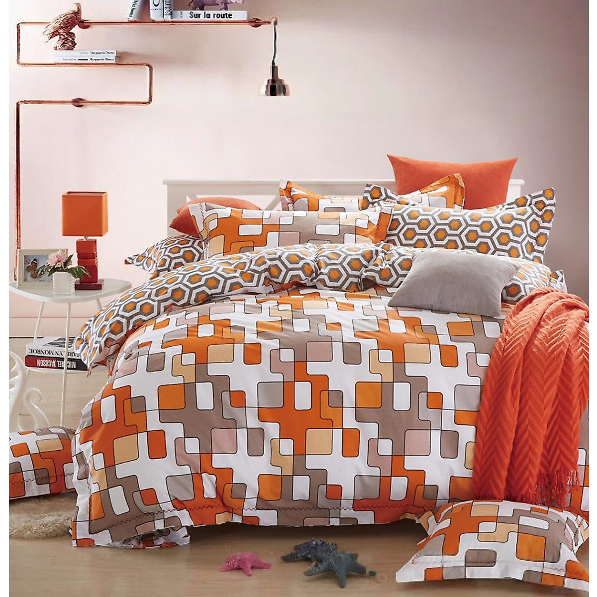 Minimal Style Geometric Shapes Duvet Quilt Cover Scandinavian Midcentury Modern Geo Print 100-percent Cotton Bedding Set Soft Casual Retro Mosaic Orange Blush Taupe King Full Queen or Twin (Twin)