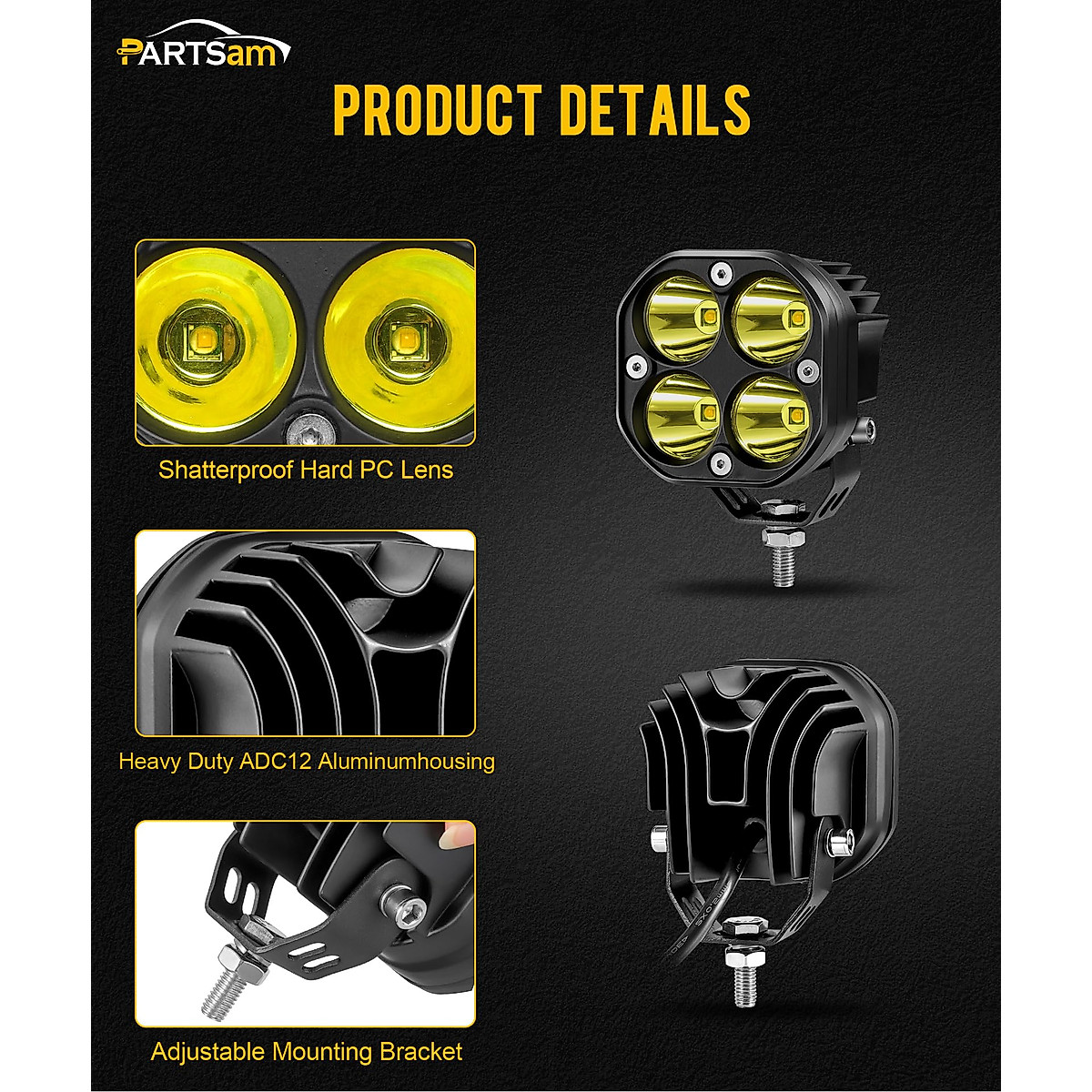 Partsam 3 Inch Yellow Pods Fog Light, 30W Waterproof Cubes Offroad Cree LED Pods Spot Flood Ditch Lights, Square Off Road Lights for Pickup Truck SUV ATV UTV Boat Forklift 4x4 Motorcycle, Pack of 2