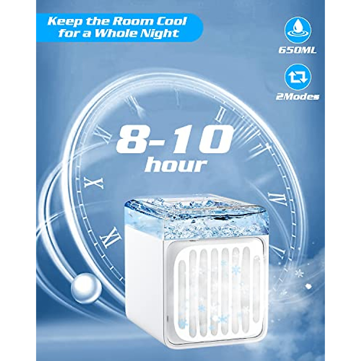 Portable air conditioner, 3in1 Rechargeable Evaporative Air Cooler with 2 Freezing Boxes,LED Light, Desktop Cooling Fan for Office, Bedroom, Outdoor,Kitchen