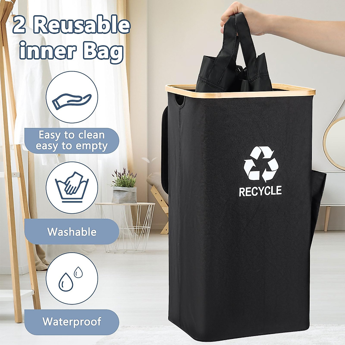 Recycling Bin Organizer for Home - 26 Gallon Recycle Bin for Kitchen with 2 Reusable Inner Bags - Indoor Recycling Bins with Lid for Bottles Cans Glass Plastic Cartons, Waterproof & Reusable (Black)