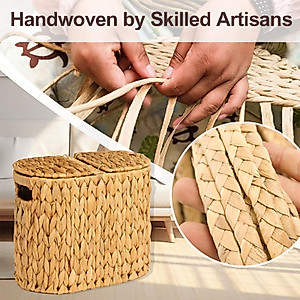 FairyHaus Wicker Toilet Paper Storage Basket with Lid & Handles, 4 Rolls Handwoven Toilet Paper Holder with Storage, Natural Water Hyacinth Toilet Paper Holder Stand Basket for Bathroom