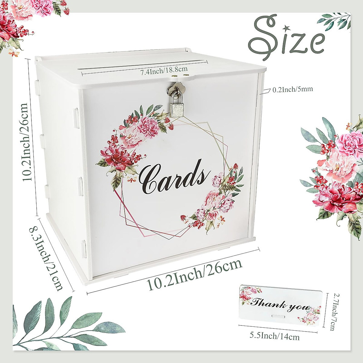 FCDECOR White Wedding Card Box with Lock, Gift Wedding Card Boxes for Reception, Greenery Rose DIY Wedding Envelope Money Card Box for Party Graduation Birthday Baby Shower Decorations