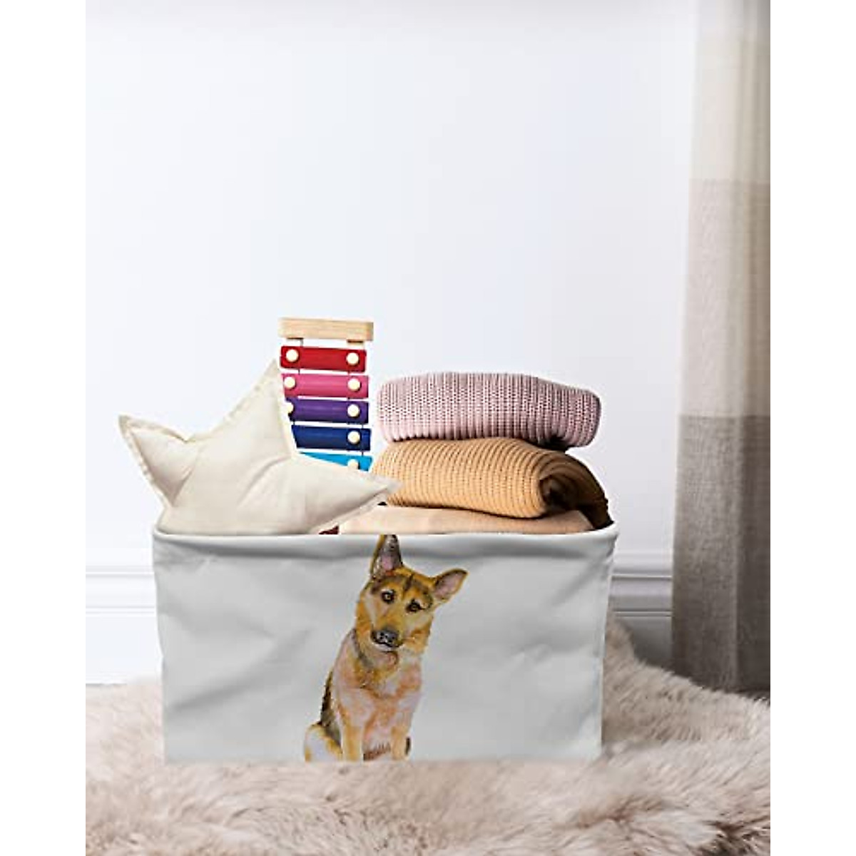 Dog Lover Decor Storage Bins Large Foldable Storage Baskets for Shelves, Waterproof Storage Boxes with Handles for Closet Cabinet Living Room Laundry - German Shepherd Illustrations White Backdrop