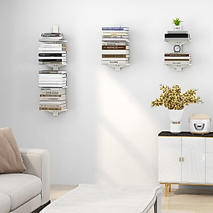 FWYH Book Shelf for Wall, Invisible Book Shelf Floating Wall Mounted, 4 Tier Heavy Duty Metal Book Organizers on Wall for Living Room, Bedroom, Office, White (2 Pack)