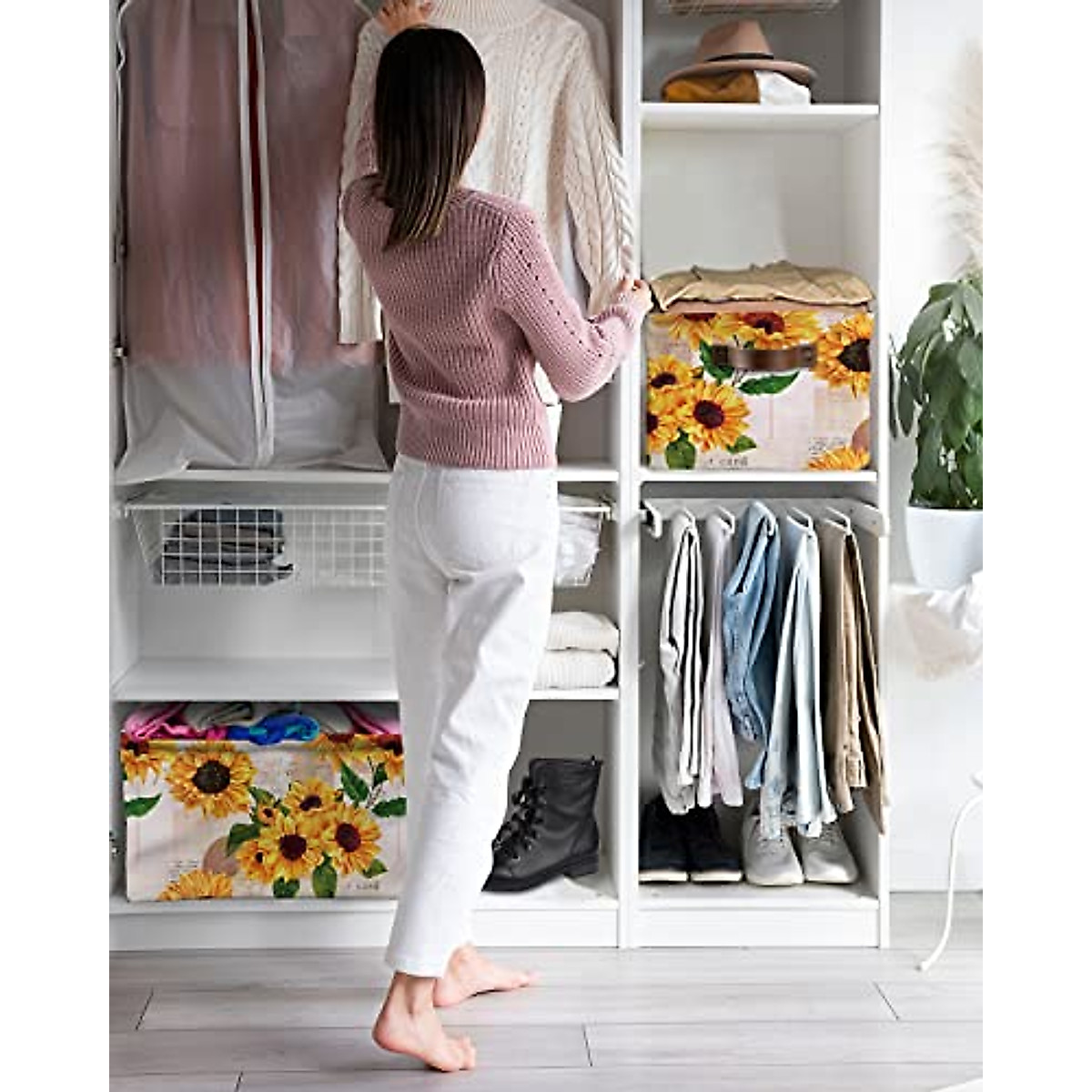 Storage Baskets for Shelves, Foldable Rectangle Storage Baskets, Sunflower with Old Newspaper Storage Containers for Organizing Dorm Closet Room, 2-Pack (15” x 11” x 9.5”)