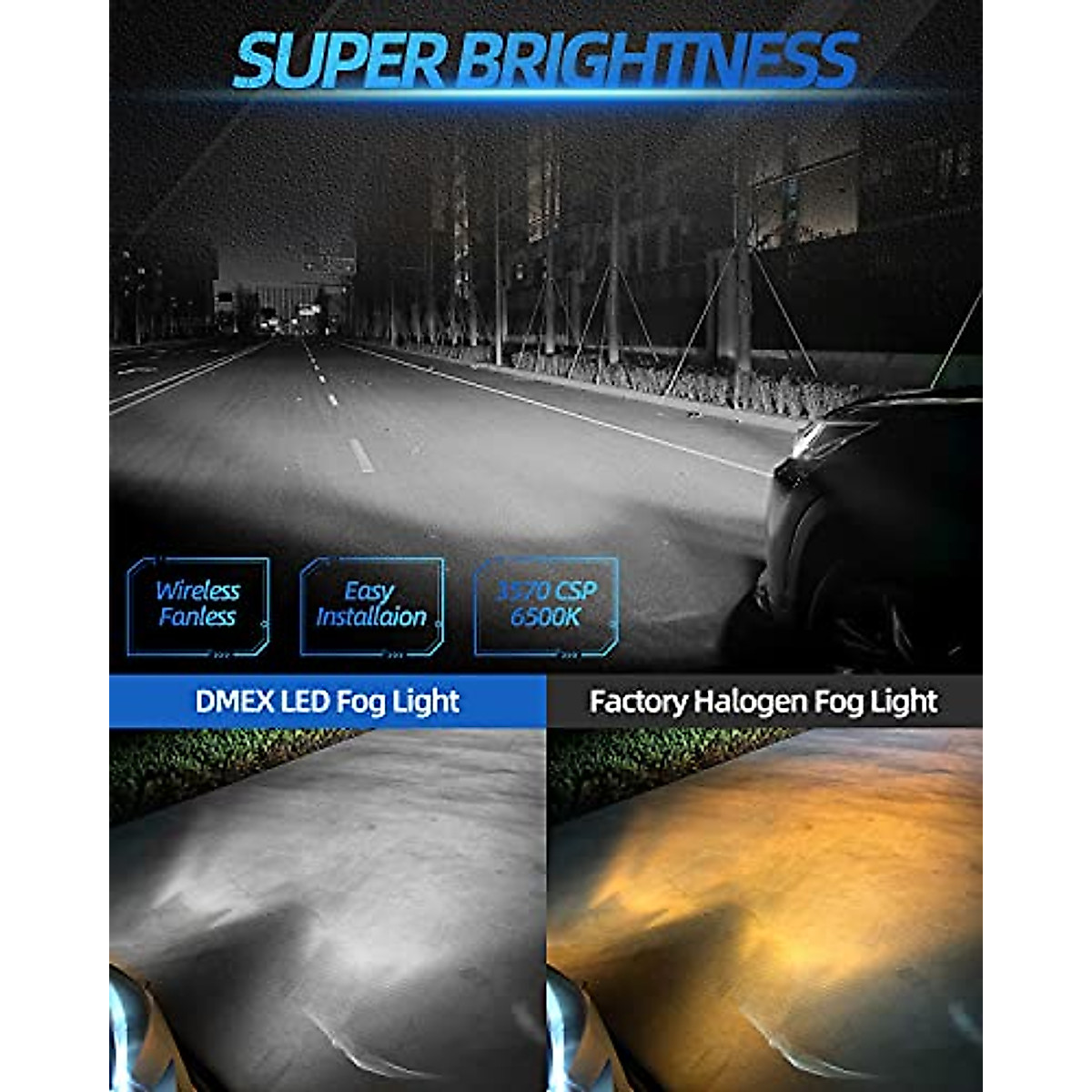 DMEX H11 H8 H16 LED Fog Light Bulbs, 6500K Cool White 5000 Lumens, Non-polarity Fog Light Replacement Bulbs, Pack of 2