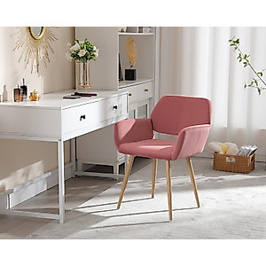KCC Small Modern Dining Room Arm Chairs 1 Piece, Mid-Century Upholstered Velvet Side Seat Club Guest with Metal Tube Legs for Kitchen, Living Room, Rose