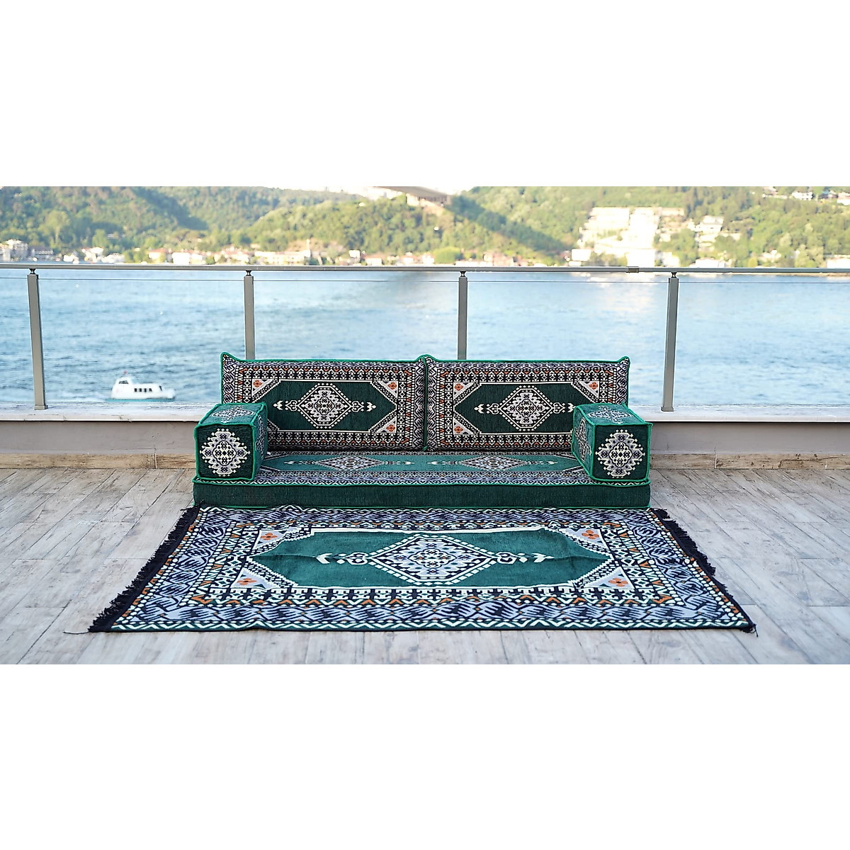 Green Floor Couch Set, Sectional Sofas, Arabic Floor Sofa Set, Yoga Meditation Mat, Futon Sofa Bed, Sofa Covers (Sofa + Rug, 4'' Thickness (10 cm))