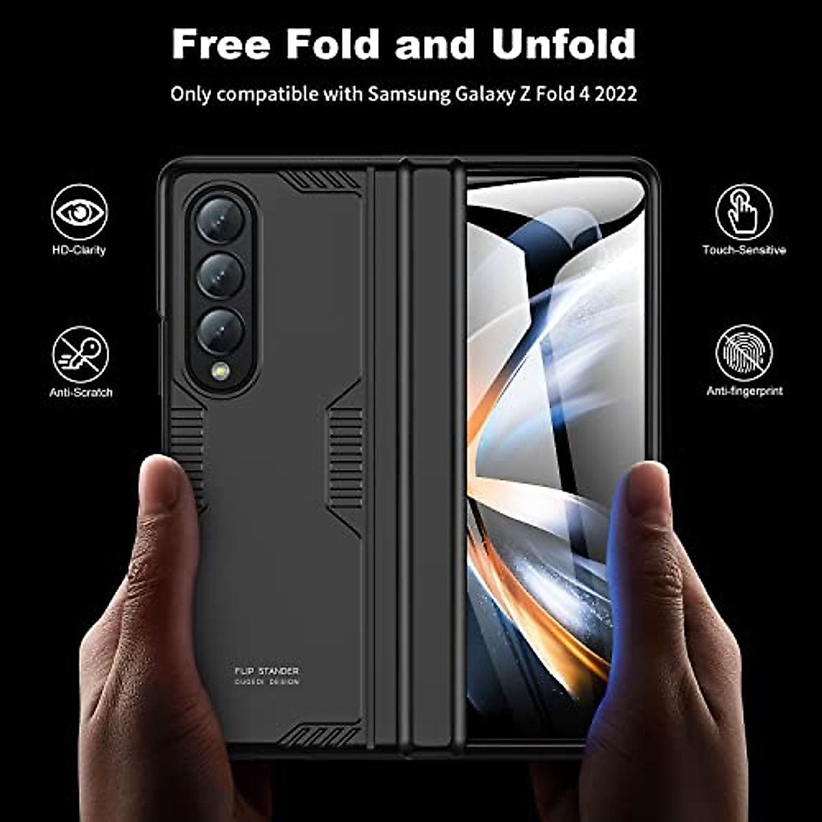 Kaiiecal for Samsung Z Fold 4 Case: [Hidden Kickstand] [Wireless Charging], Full Body Hinge Protection Slim Case, Built-in Screen Protector Phone Stand Case for Samsung Galaxy Z Fold 4 5G Black