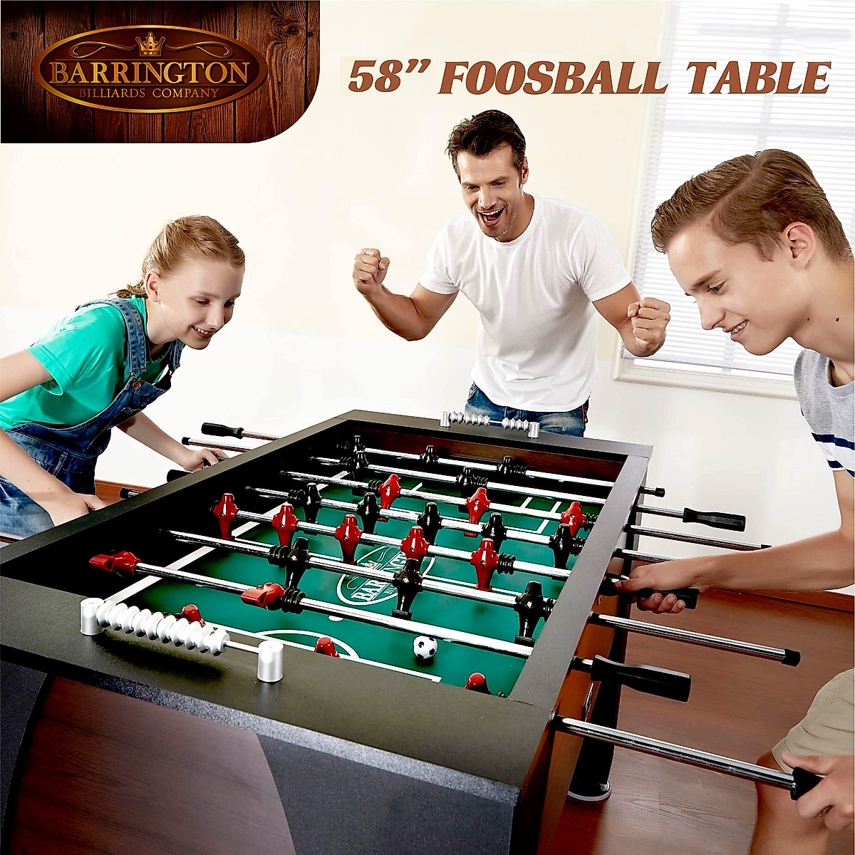 Soccer Foosball Table and Balls Set for Adults, Kids - Indoor Arcade Football Game Room Furniture 58 in Robot Style Players Bead Style Scorers Accessories Included, Brown Black