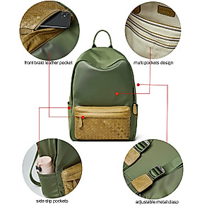 Daiblueland Casual Daypack Backpack For Women Unisex Large Lightweight Travel Rucksack With Leather Pockets(Army Green) (BACK-001)