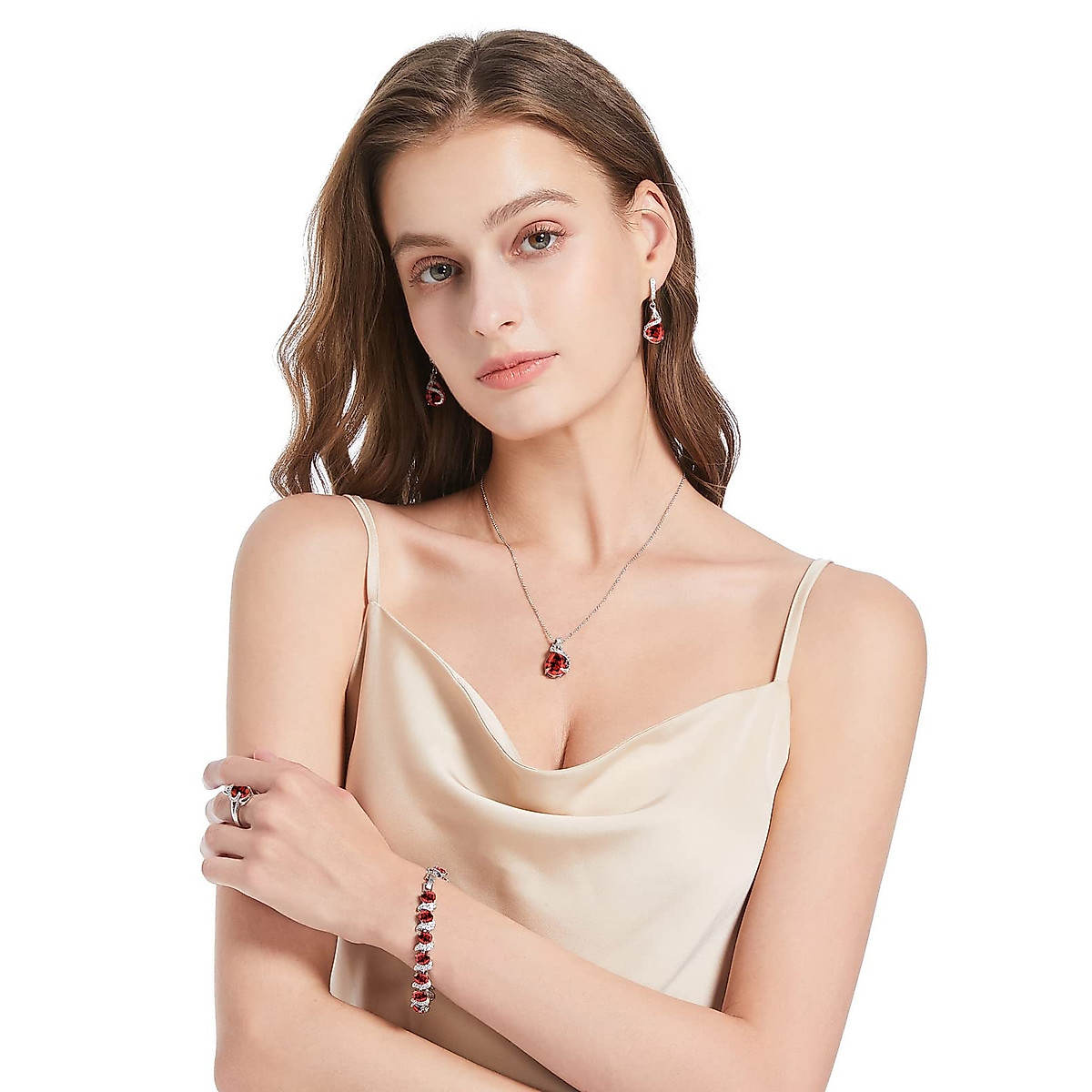 GZWHD Red Jewelry Set Created Waterdrop Garnet Earrings Necklace Open Ring Tennis Bracelet Set, Silver-Tone,Party Prom Wedding Jewelry Valentine's Day Gift for Women Lady