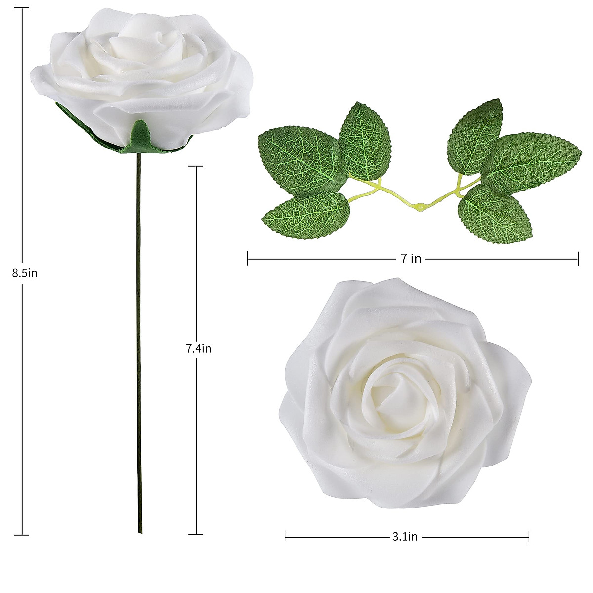 Lansdowns Artificial Flower Foam Rose 25pcs Real Looking Fake Rose with Stems Leaves for Home Decoration Party Garden Centerpieces DIY Wedding Bouquets（White）