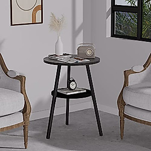 INHABIT UNION Round End Table 2 Tier Side Table Small Rustic Vintage Sofa Table for Living Room/Bedroom, with Wooden Boards Storage(Grey)