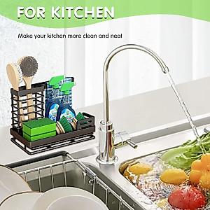Sink Caddy, MCWMBB Kitchen Sink Organizer, Sponge Holder for Kitchen Sink with Removable Drain Pan,Kitchen Caddy Stainless Steel Sink Organizers for Soap/Bottles/Scrubber Brush/Dishcloth/Sponge(Black)