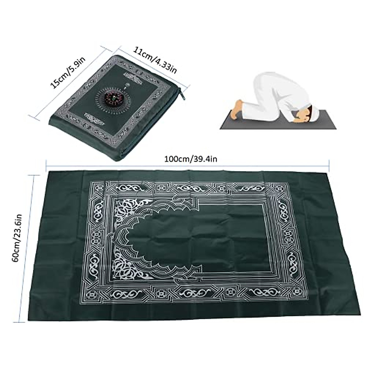 Hitopin 2 Pieces 60cm*100cm Travel Prayer Mat with Compass, Portable Polyester Prayer Rug, Islamic Waterproof Prayer Mat, for Ramadan Gifts, Islamic Prayer (Green, Black)