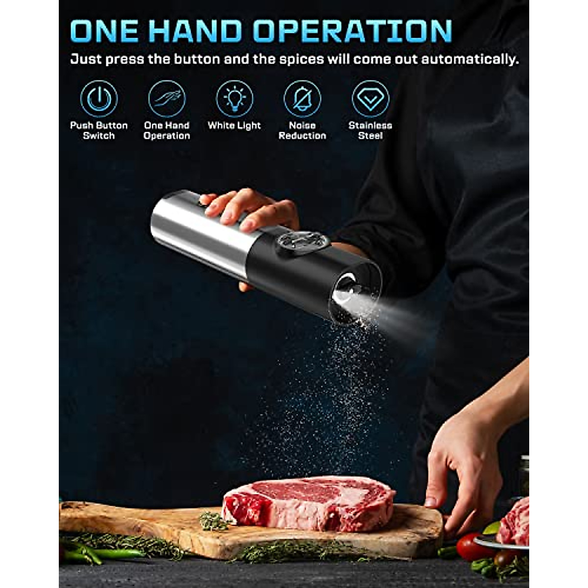 SoulFox Electric Salt and Pepper Grinder Set with USB Rechargeable - No Battery Needed - One Handed Operation - White Light - Adjustable Coarseness Automatic Electronic Spice Mill Shakers Refillable