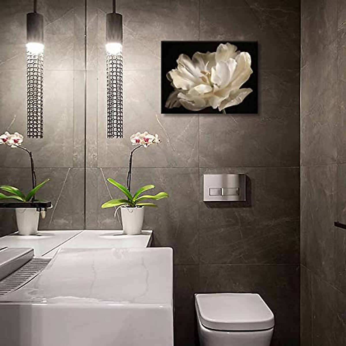 Black Bathroom Decor - White Tulip on Black Background Modern Canvas Wall Art Bathroom Decor Wall Art Black Decor Bathroom Pictures Black and White Wall Art Artwork for Home Walls Framed 12x16inch