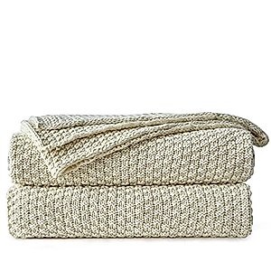 Longhui bedding Cream Knitted Throw Blanket for Couch, Soft, Cozy Machine Washable 100% Cotton Sofa Knit Blankets, Heavy 3.0lb Weight, 50 x 63 Inches, Beige Color
