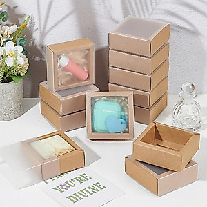 BENECREAT 12 Packs Small Square Brown Kraft Boxes Heavy Duty Paper Gift Box with Clear PVC Windows 3.3x3.3x1.2 for Party Favor Treats, Bakery, and Jewelry Packaging