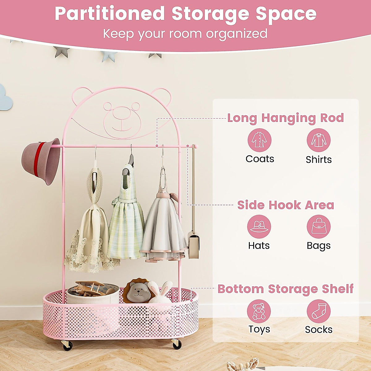 Costzon Kids Clothing Rack, Height Adjustable Kids Dress Up Storage for Hanging Clothes, Metal Garment Rack with Storage Basket, Wheels, Clothes Rack for Kids Room, Playroom, Bedroom (Pink)