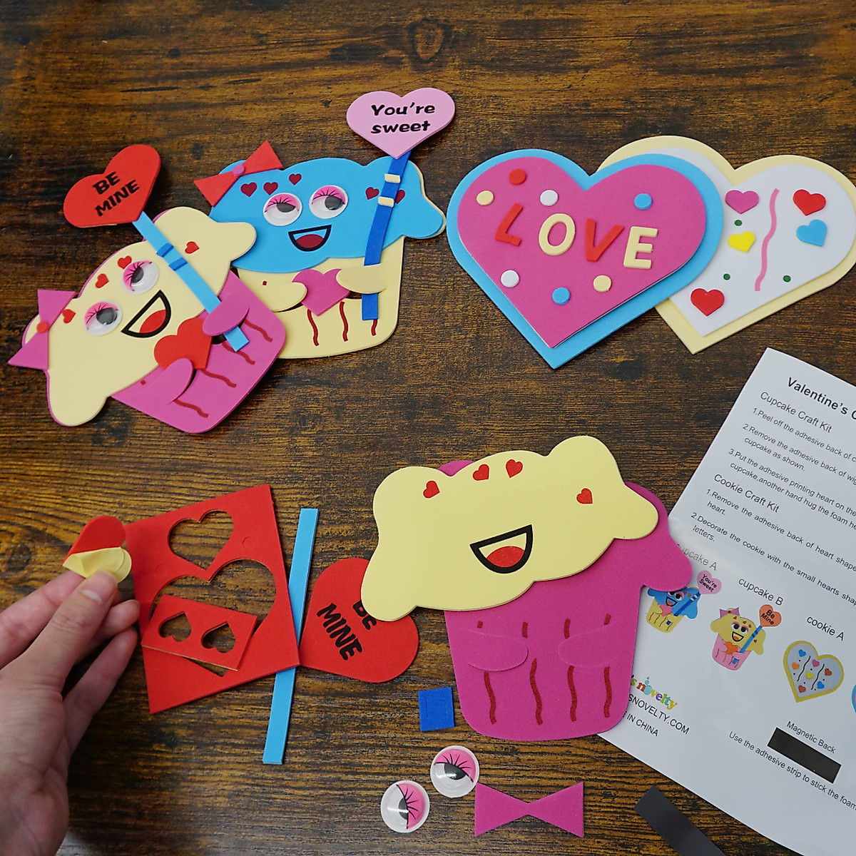 4E's Novelty Valentines Crafts for Kids Foam (Makes 12) Magnet Cupcake & Heart Cookie Kit Valentines Day Crafts for Kids Bulk for Classroom Home Activity