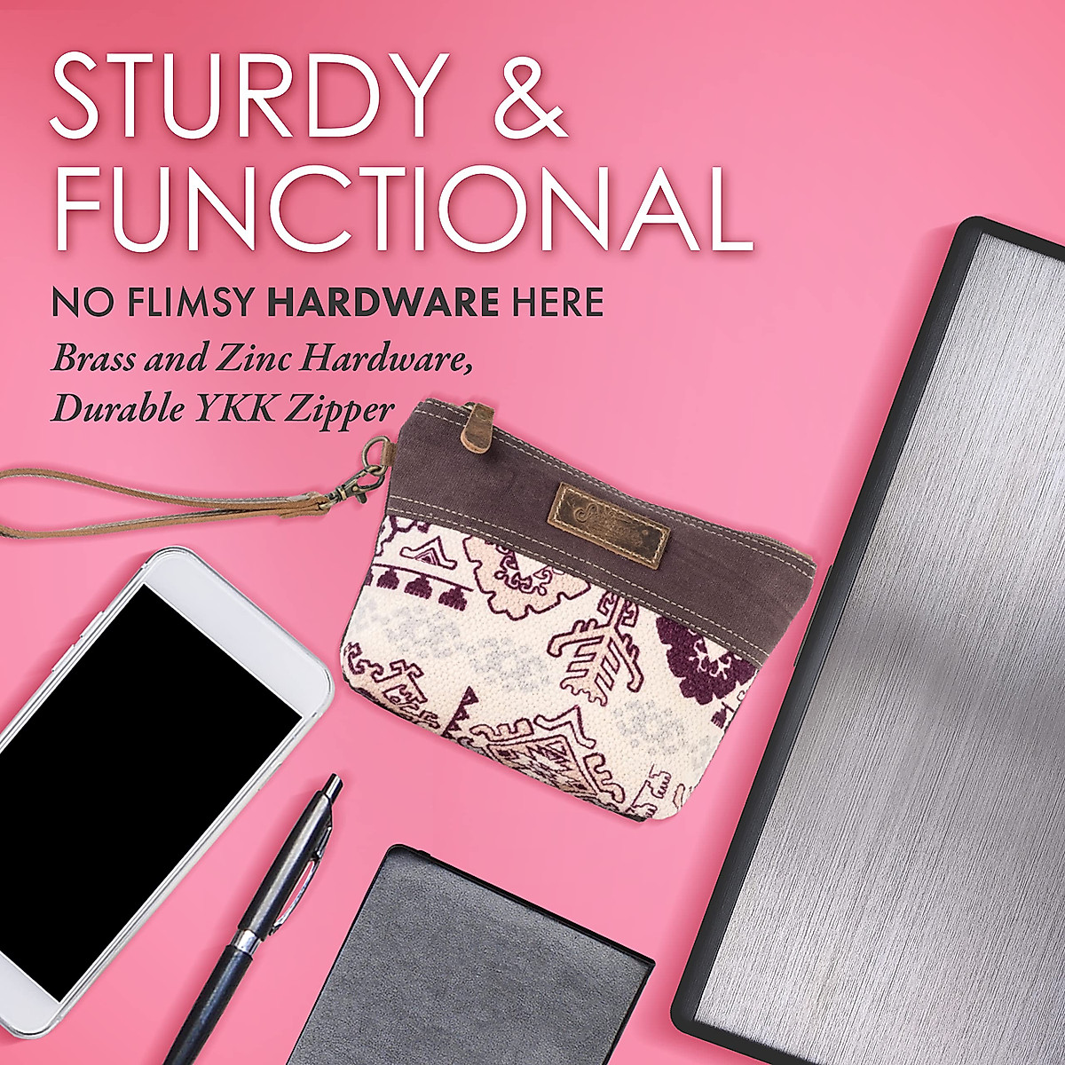 SIXTEASE Women's Fashion Wristlet Small Clutch With Wrist Strap - Vintage Style Zipper Made with Genuine Leather, Upcycled Canvas, Rug, or Hair On - Unique Designs, Hand Stitched - Iris