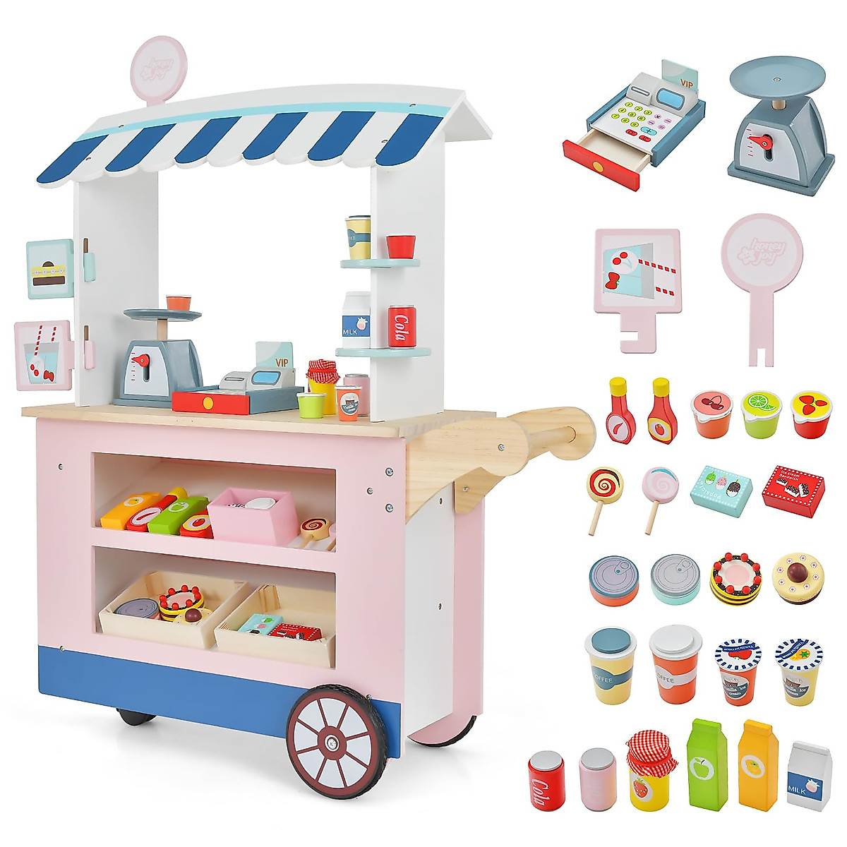 HONEY JOY Kids Food Cart, 30-Piece Toddler Pretend Play Grocery Store Playset w/Cash Register & Scale, Wooden Dessert Shop Play Market, Children Beverage Stand Cart w/Wheels, Gift for Boys Girls