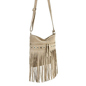 HOXIS Studded Tassel Zipper Pocket Faux Suede Leather Cross Body Bag Womens Purse (Brown)