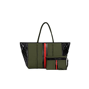 Haute Shore - Greyson Avenue Neoprene Tote Bag w/Zipper Wristlet Inside, Army W/Black & Red Stripe